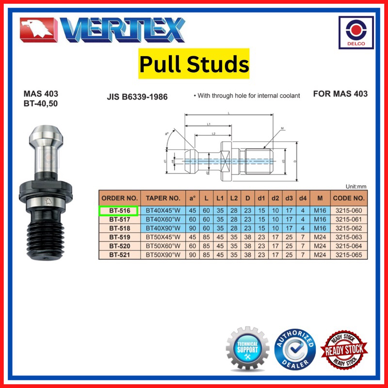 VERTEX TAIWAN PULL STUDS BT40 45degree with through hole for internal ...
