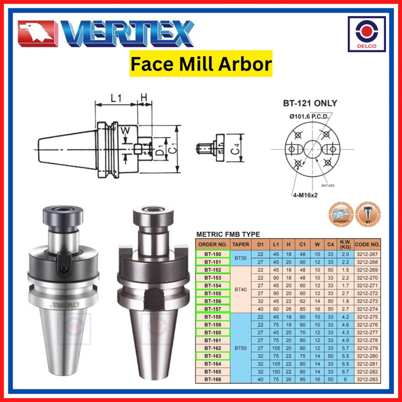 VERTEX TAIWAN FACE MILL ARBOR - BT30 BT40 BT50 shank - cnc milling machine facemill | Shopee ...