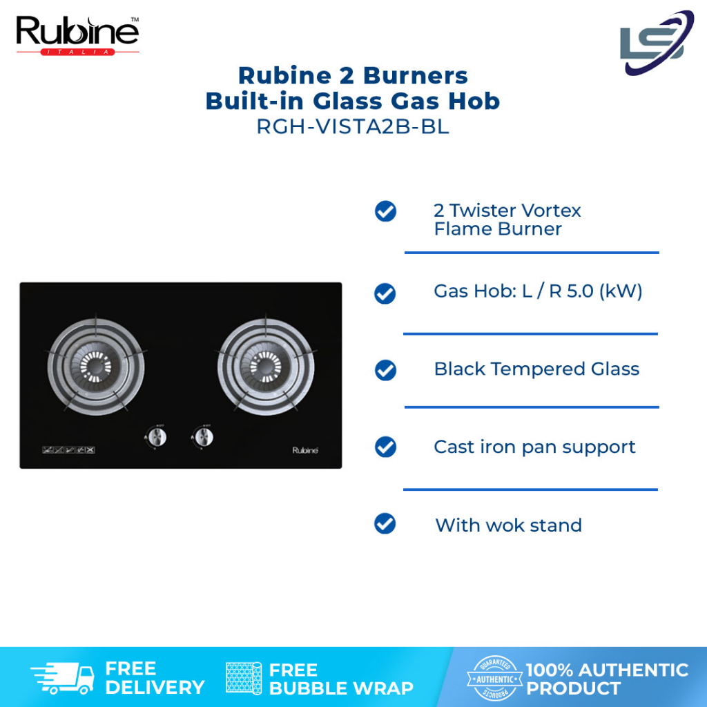 Rubine 2 Burners Built-in Glass Gas Hob RGH-VISTA2B-BL | Vortex Flame ...