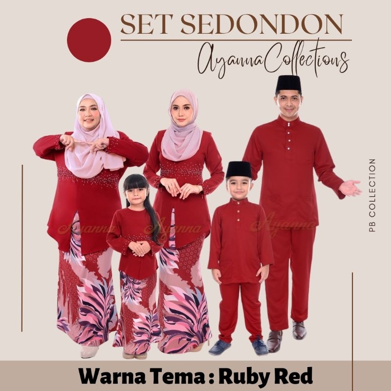 Baju Raya Sedondon Tema Warna Ruby Red (Merah Cili) Set Family Ayah Ibu ...