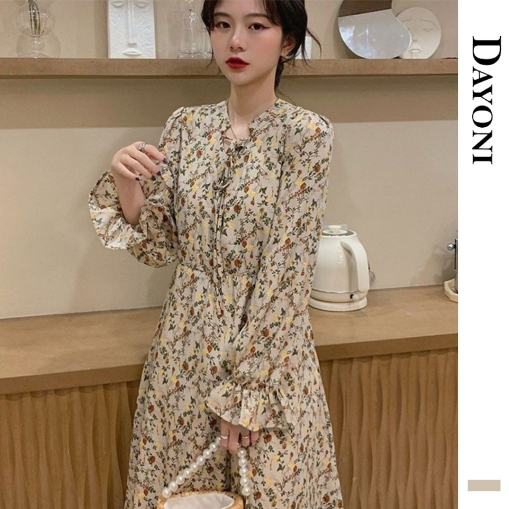Dayoni Korean Women Floral Long Sleeve One-Piece Dress Midi Dresses ...