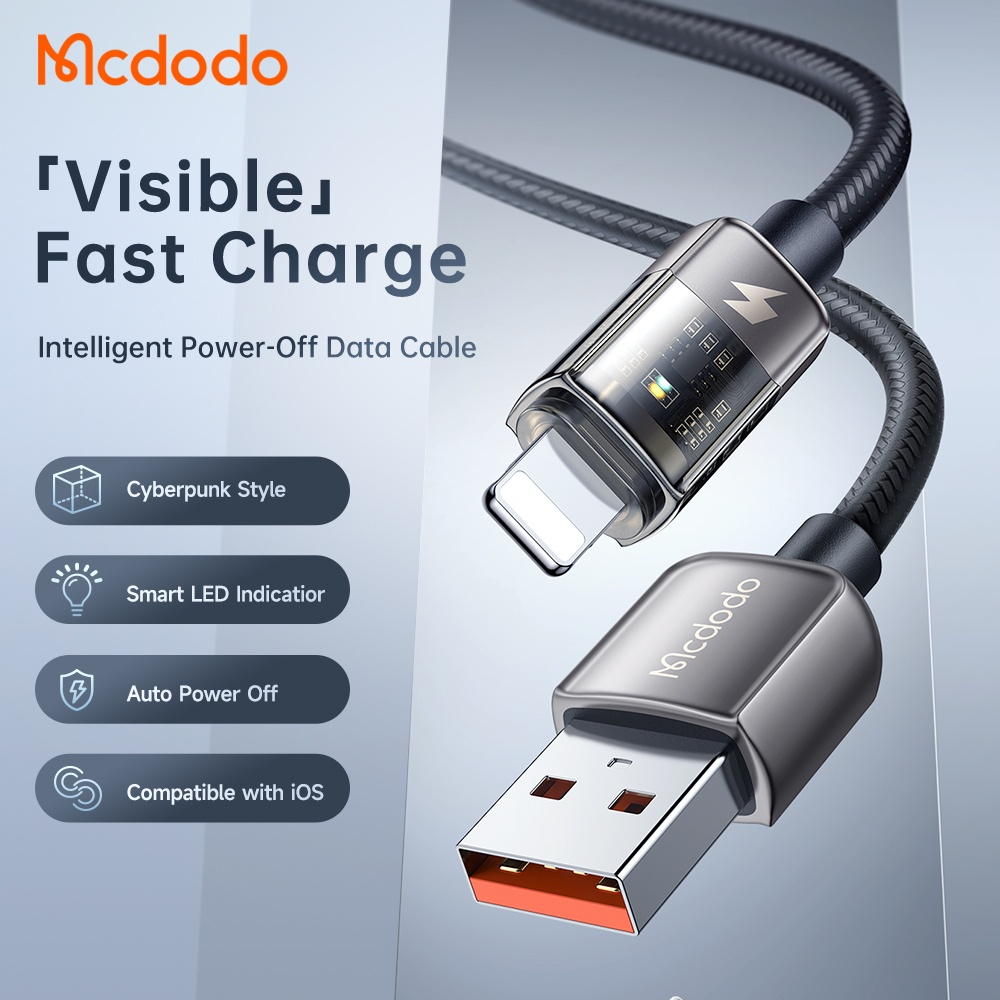 MCDODO CA-3140 Auto Power Off Transparent USB Data Cable 3A Super Fast Quick Charging LED ...