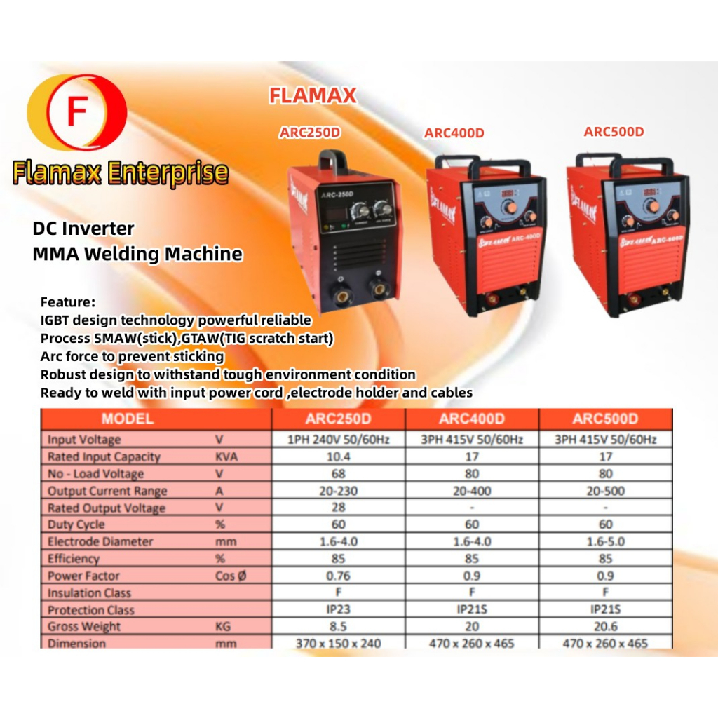 Flamax ARC250D, ARC400D, ARC500D DC Inverter TIG Welding Machine (pls ...