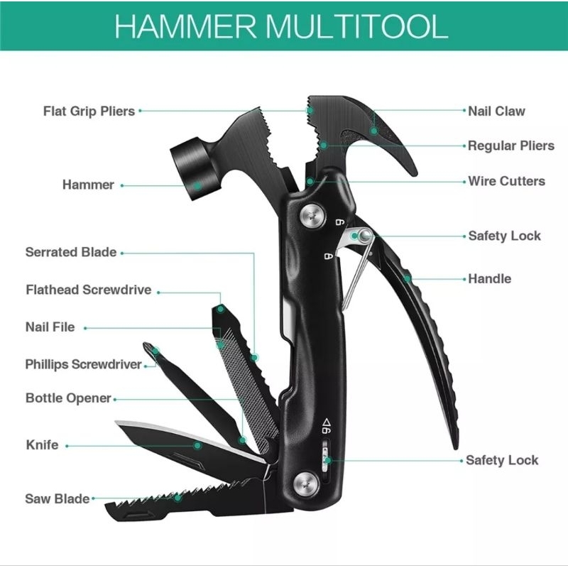 【Ready Stock】 Premium Black Hammer Multitool 12 In 1 Stainless Steel ...