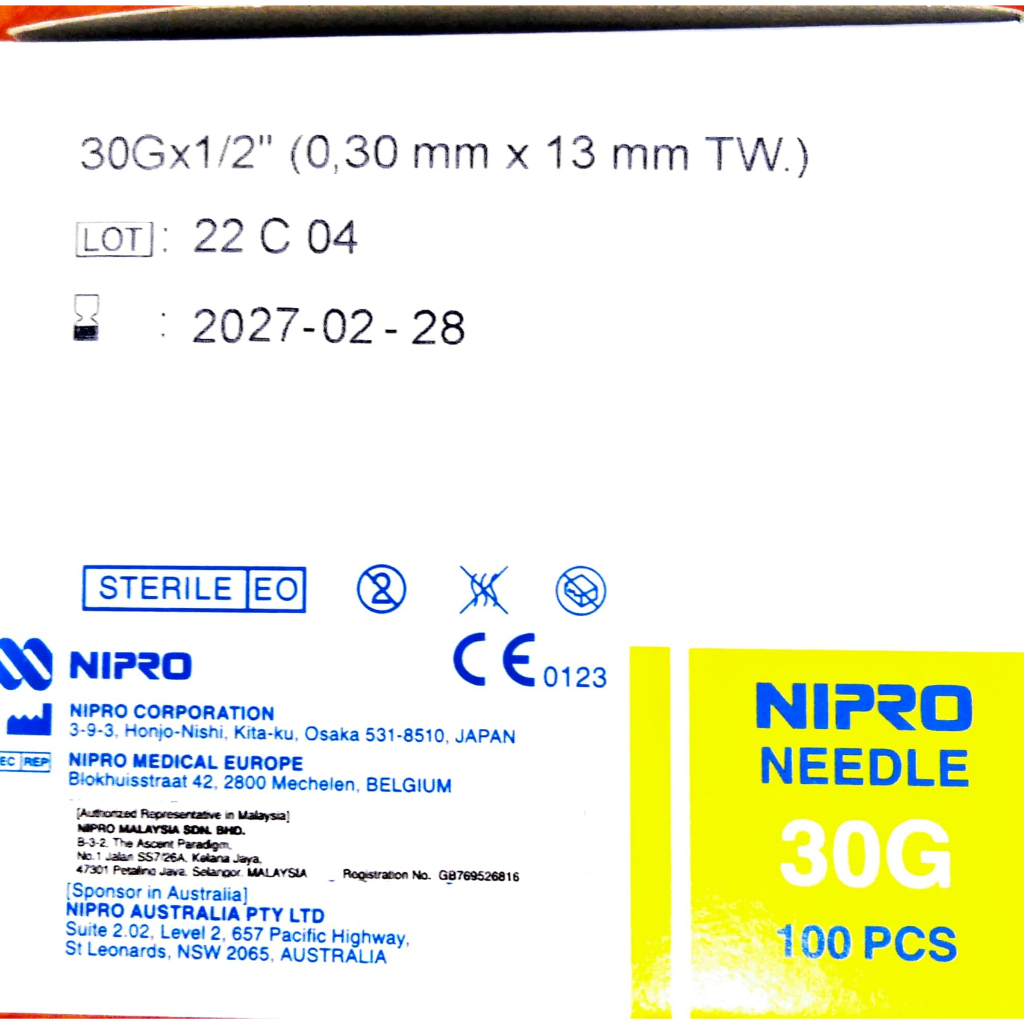 NIPRO NEEDLE 30G x 1/2 inch (13mm) -100's MEDICAL NEEDLE EXPIRY YR 2027 ...