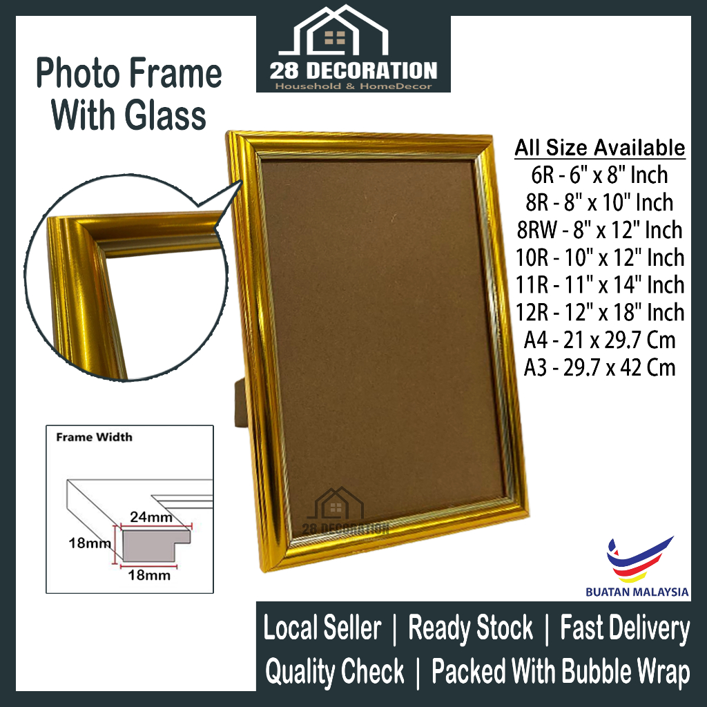 【Ready Stock】6R 8R A4 10R 12R Gold Photo Frame + HD Glass Fiber Wood ...
