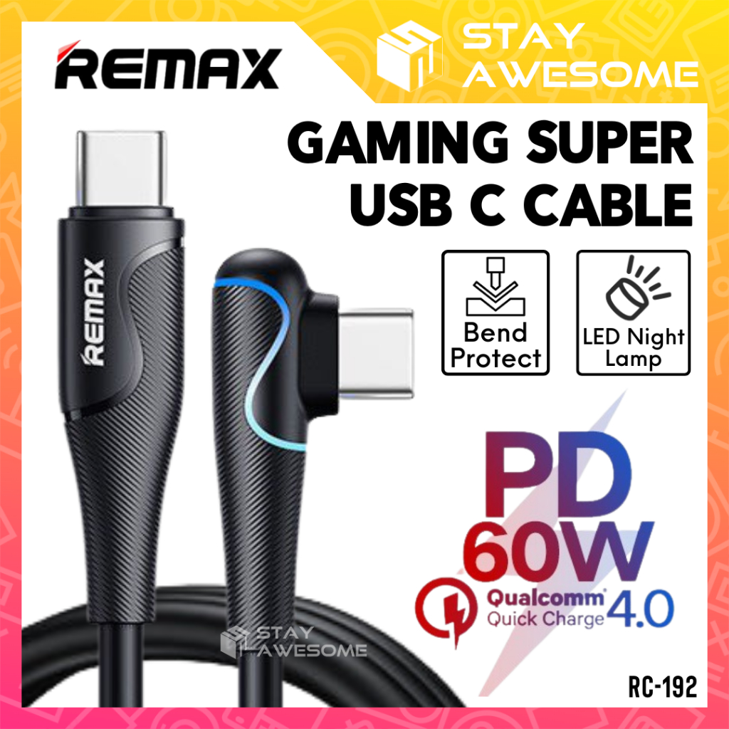 REMAX 90 Degree Cable Gaming 3A Fast Charging Type C Data 60W Cabel ...