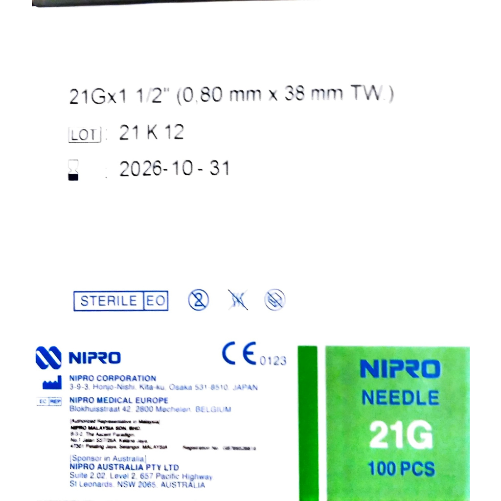Nipro needle 21g x 1 1/2 inch (38mm) 100's - 10boxes/pack Expiry 2029 READY STOCK | Shopee Malaysia