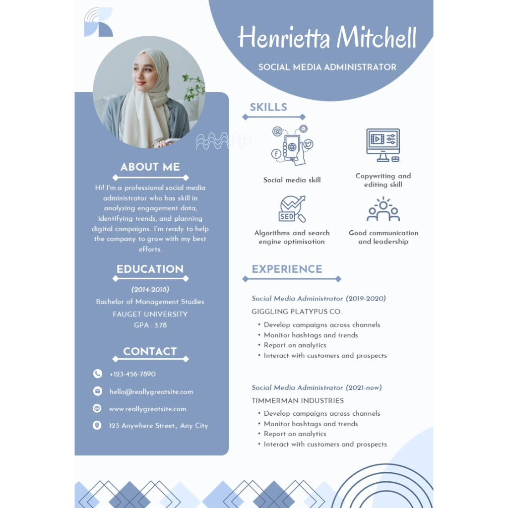 Resume Template Pastel Blue Simple Social Media Administrator CV ...