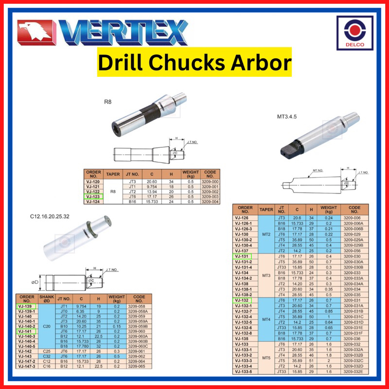 VERTEX TAIWAN VJ-123 131 drill chuck Arbor R8-JT6 MT3-JT6 MT4-JT6 C20 ...