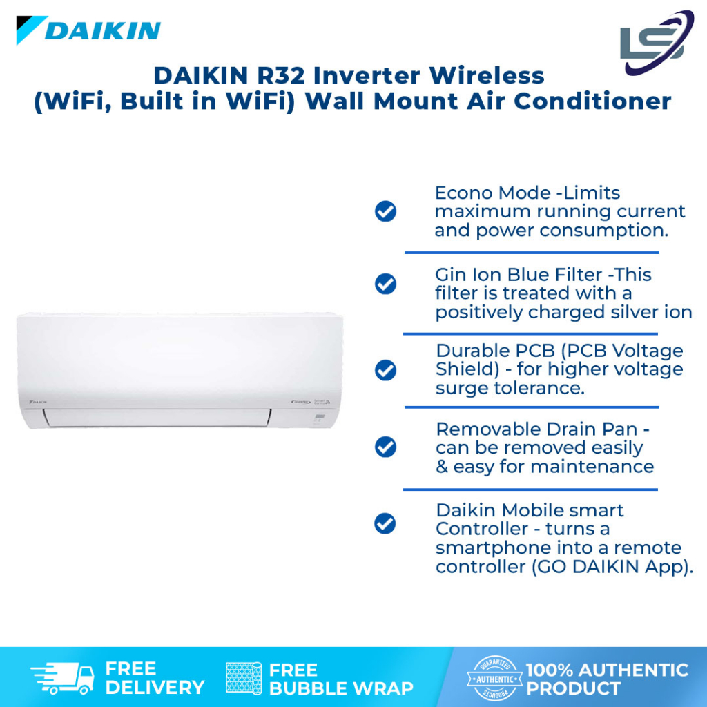 Daikin 1HP/ 1.5HP/ 2HP/ 2.5HP R32 Inverter Wireless (Built in WiFi) Wall Mount Air Conditioner ...