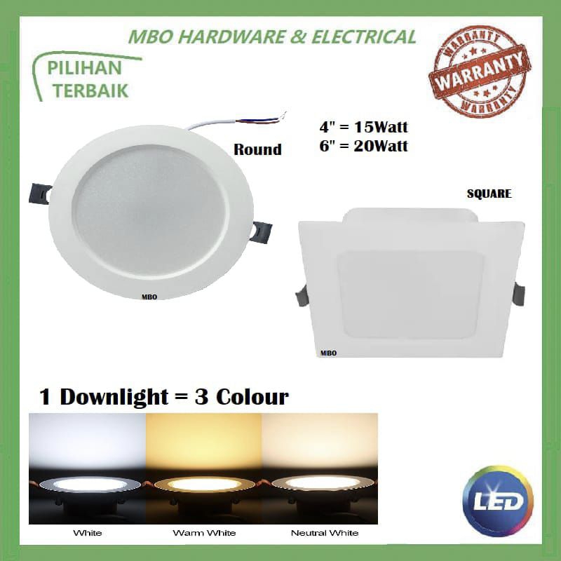 3 Colour LED Recessed Downlight 4" 15w & 6" 20w Round & Square / LED ...