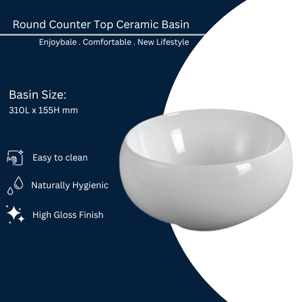 310MM Premium Gloss White Ceramic Round Small Counter Top Wash Basin ...