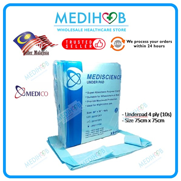 MEDISCIENCE Disposable 4ply Underpad (75cmx75cm) 10 pieces/pack ...