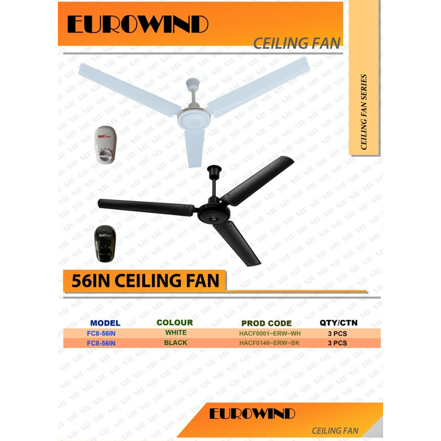 CEILING FAN 56 INCH 3 BLADE BLACK WHITE EUROWIND (KIPAS SILING 56 INCH ...