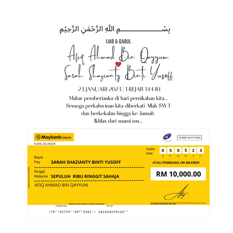 Custom Mock cheque/ Replika cek (Ijab & Qabul) hantaran kahwin .pdf and ...