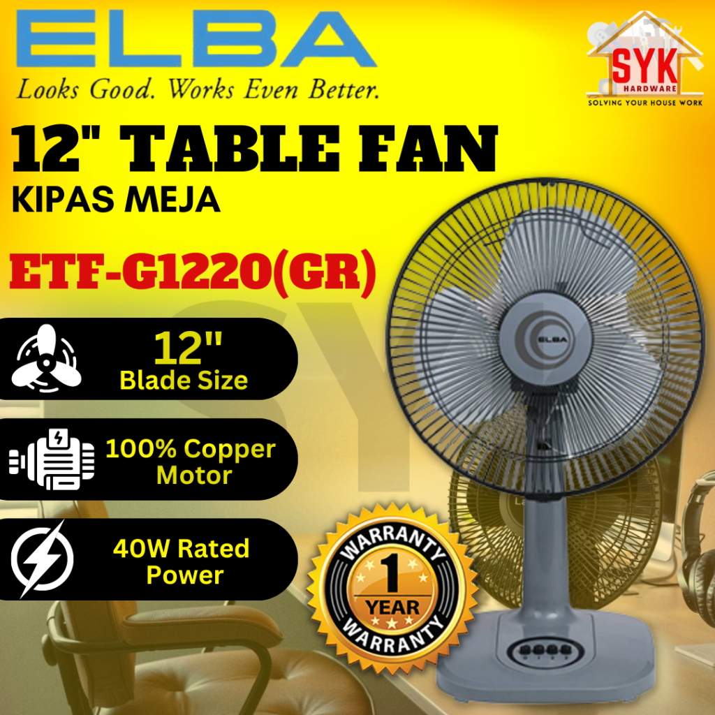 SYK ELBA ETF-G1220(GR) 12" 40W 3 Speed Electric Table Desk Fan Home ...