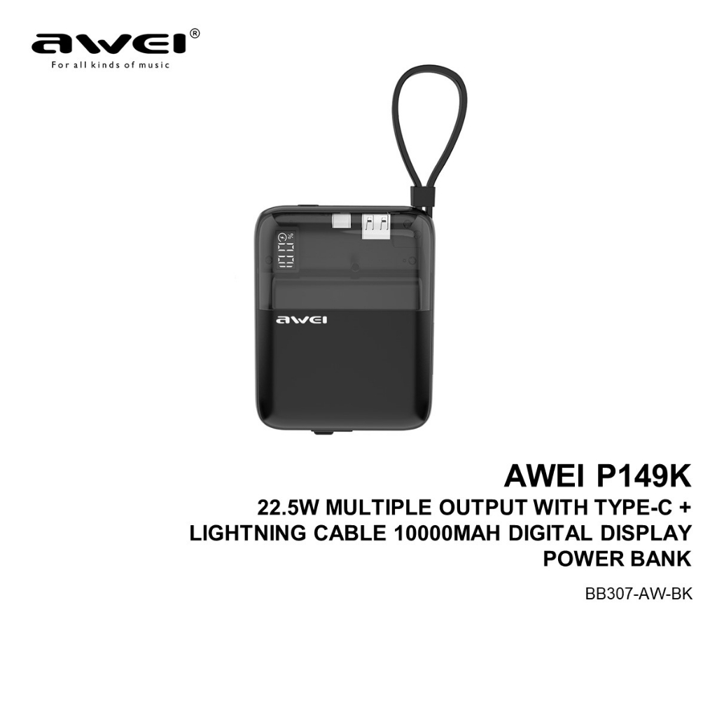 AWEI P149K 22.5W MULTIPLE OUTPUT WITH TYPE-C + LIGHTNING CABLE 10000MAH ...