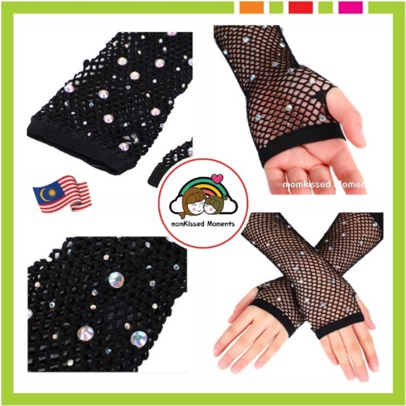 🎀🇲🇾Stock🎀 Elegant Diamond Fingerless Net Gloves Sarung Jaring jari ...