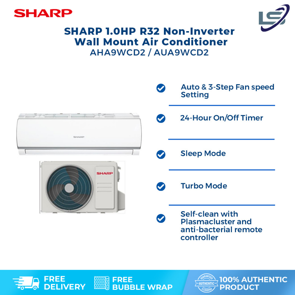 SHARP 1.0HP R32 Non-Inverter Wall Mount Air Conditioner AHA9WCD2 / AUA9WCD2 | Auto & 3-Step Fan ...