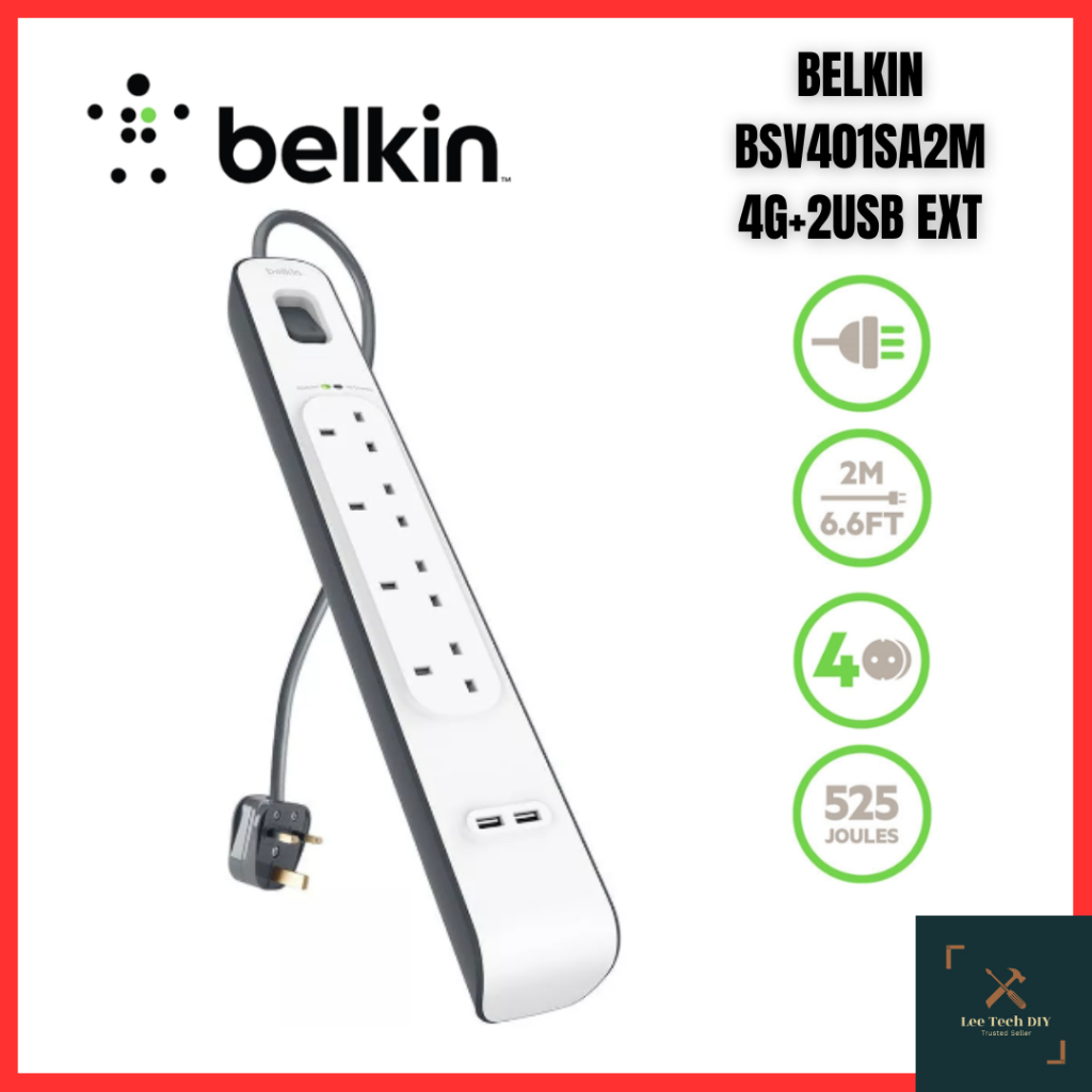 BELKIN BSV401SA2M 4 PLUGS + 2USB EXTENSION SOCKET THUNDER SURGE ...