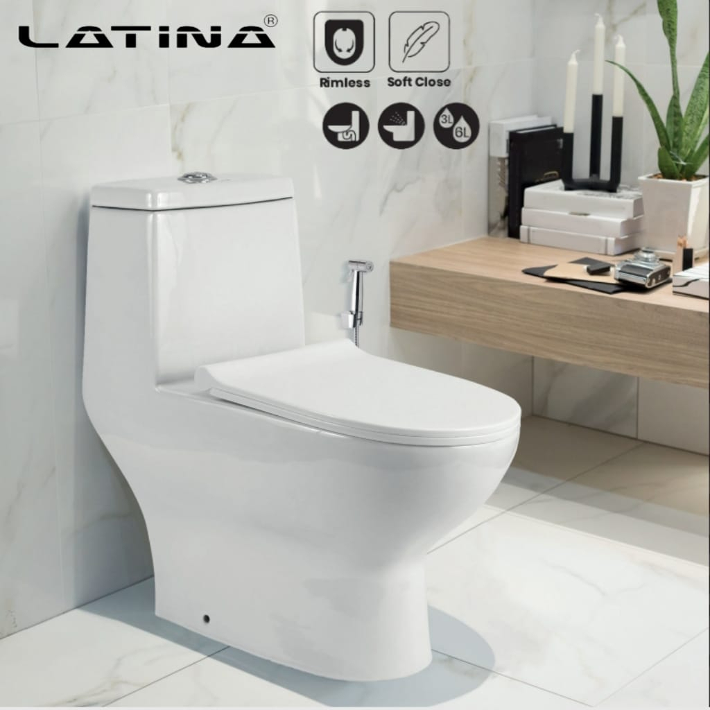 LATINA S-TRAP 250MM 3/6L ONE PIECE RIMLESS WC SUITE SOFT CLOSE PP SEAT COVER MODEL- A2226 ...