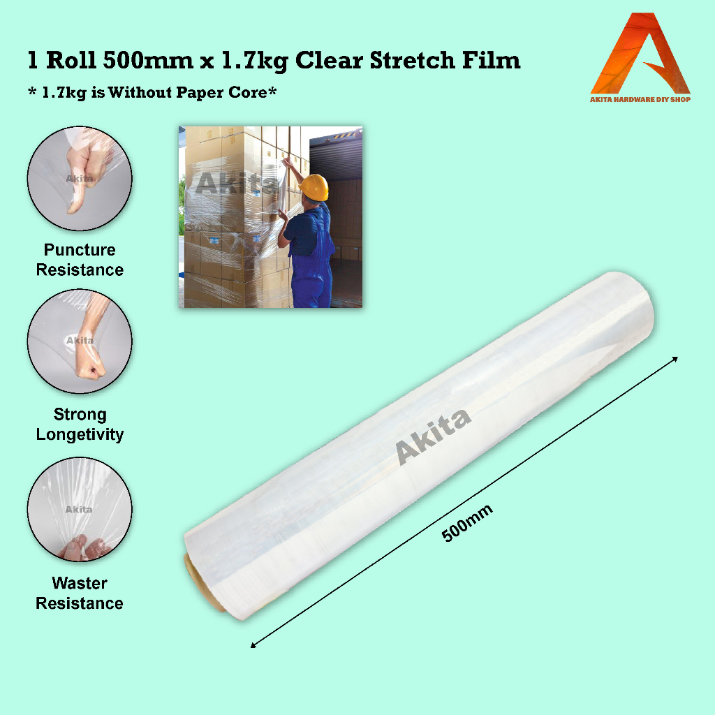 1 Roll 500mm x 1.7kg Clear Stretch Film / Wrapping Plastic Wrap Roll ...