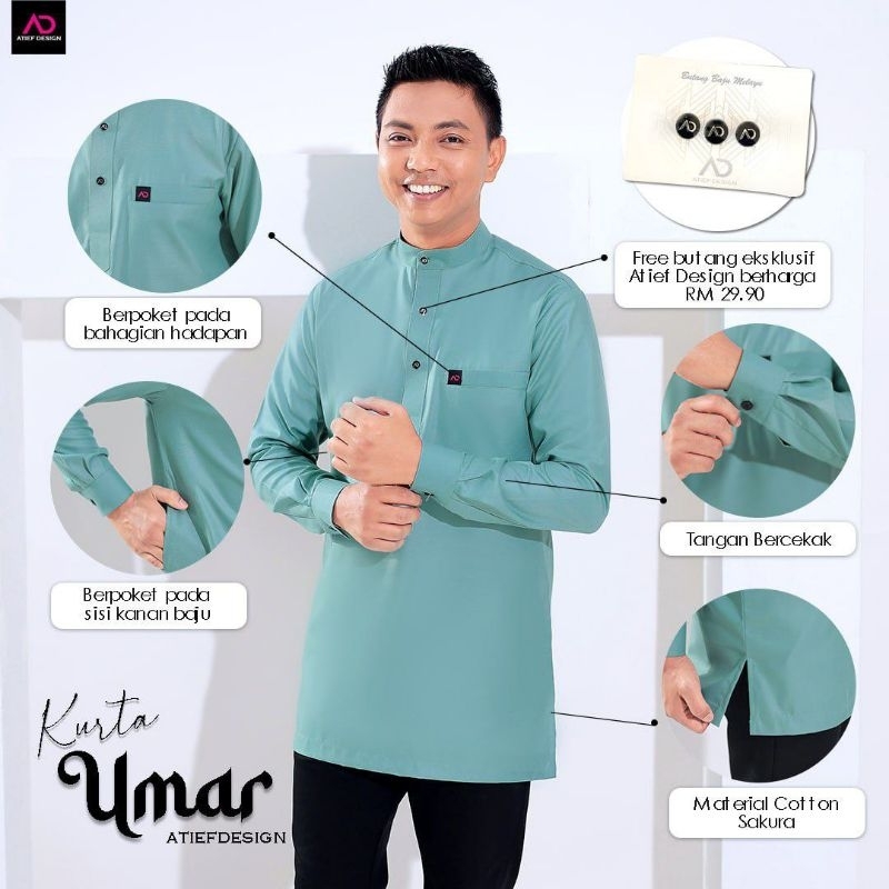 Kurta Raya Slim Fit Cotton Umar Atief Design (Free Butang/Berpoket ...