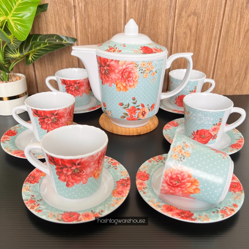 BLUSHING CAMELLIA 🌺 Teapot & Cup/Saucer (6pairs) Melamine Tea & Dessert ...
