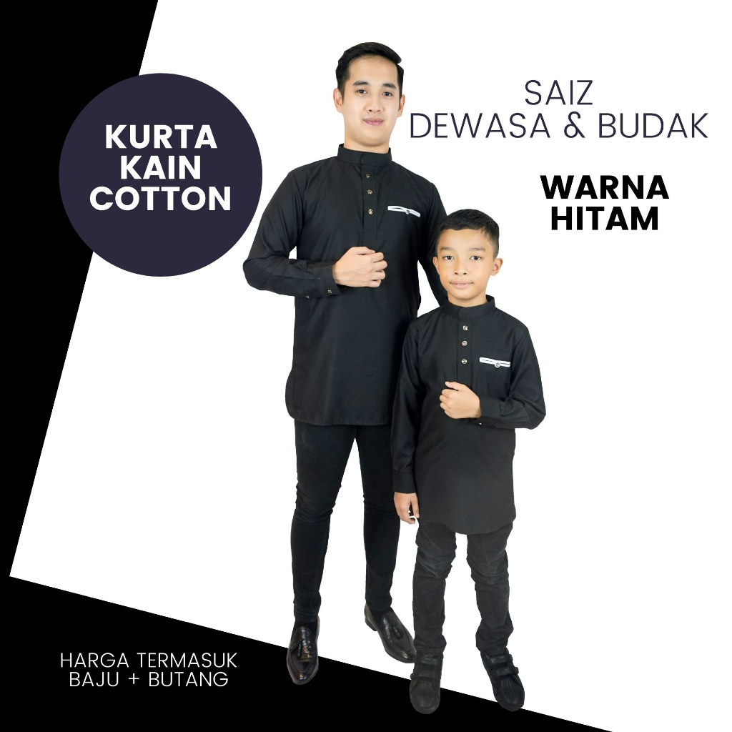 ( READY STOCK ) KURTA SLIM FIT COTTON WARNA BLACK / HITAM DEWASA ...