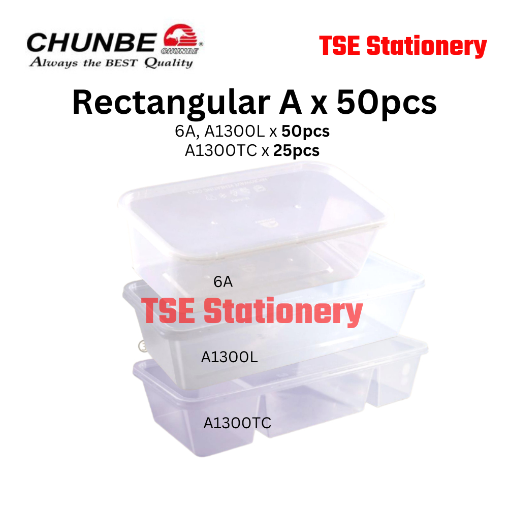 CBware (25/50 Sets) 6A A1300L A1300TC Chunbe Rectangle Food Container With Lid Kotak Plastik ...