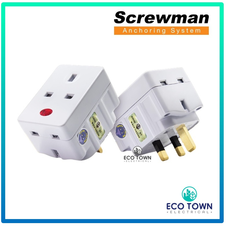 Screwman 3 Pin Plug 3 Way Multi Adaptor Full Copper with Sirim, Surge ...