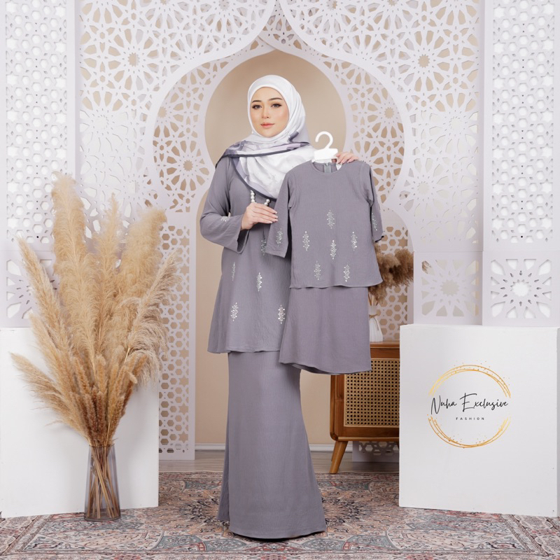 GREY / KELABU Kurung Diamond Nasuha Italian Crepe | Shopee Malaysia