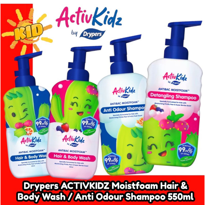 Drypers ACTIVKIDZ Moistfoam Hair & Body Wash / Anti Odour Shampoo 550ml ...