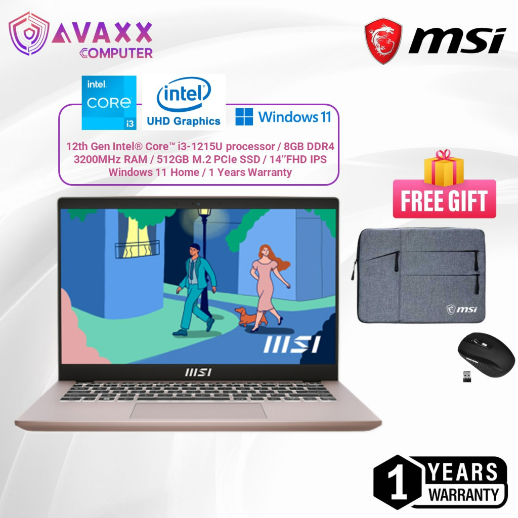 MSI Modern 14 C12M-258 14" FHD Laptop Beige Rose Pink ( I3-1215U, 8GB ...