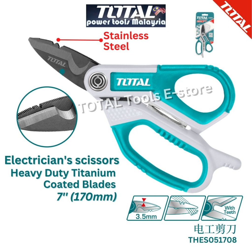 TOTAL Electrician's scissors 7'' [ Stainless Steel Heavy Duty Titanium ...