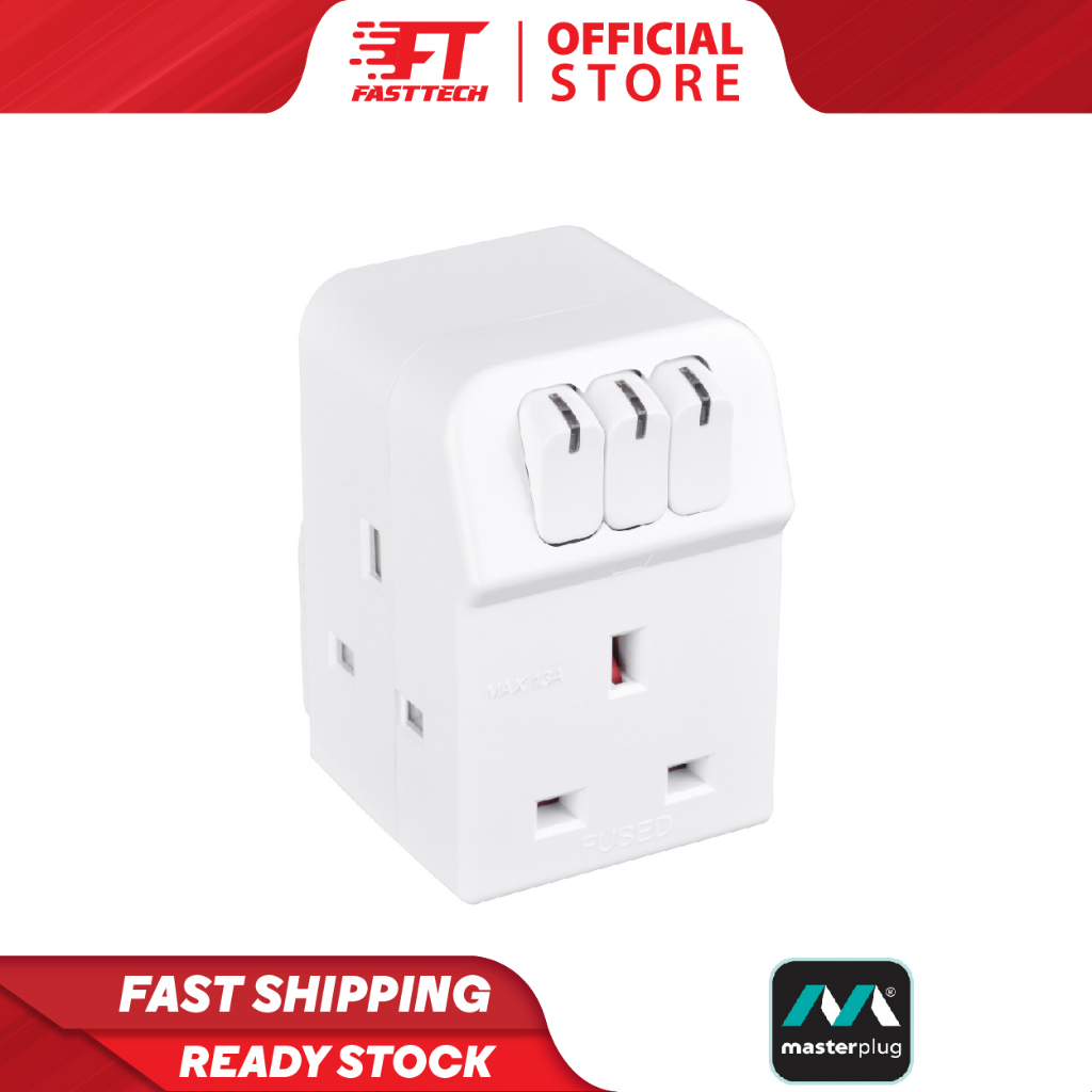MASTERPLUG MSWG3 Switched Adaptor with 3 Sockets, 13Amp, Safety ...
