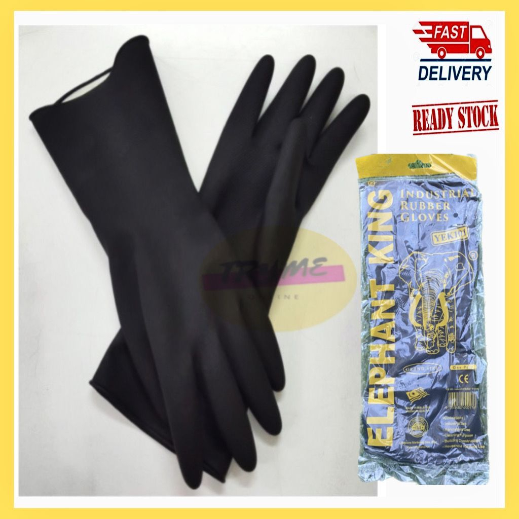 13" Gajah Black Industrial Rubber Hand Gloves Getah Sarung Tangan High ...