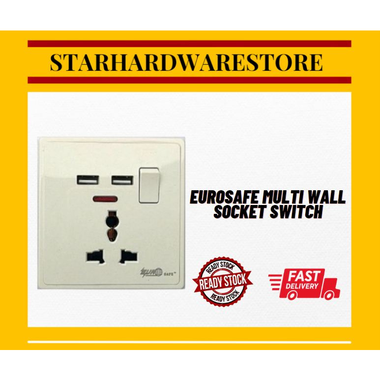 🌟READY STOCK🌟EUROSAFE 13 Amp Universal Switch Socket With Double 2.1A ...