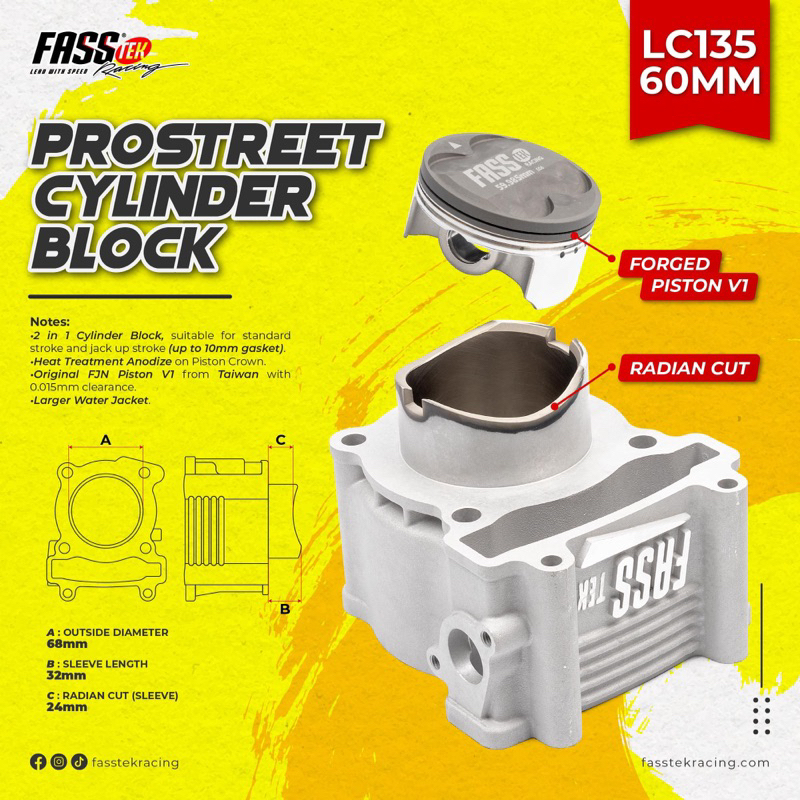 FASSTEK RACING CERAMIC CYLINDER BLOCK KIT RADIANT CUT YAMAHA LC135 ...