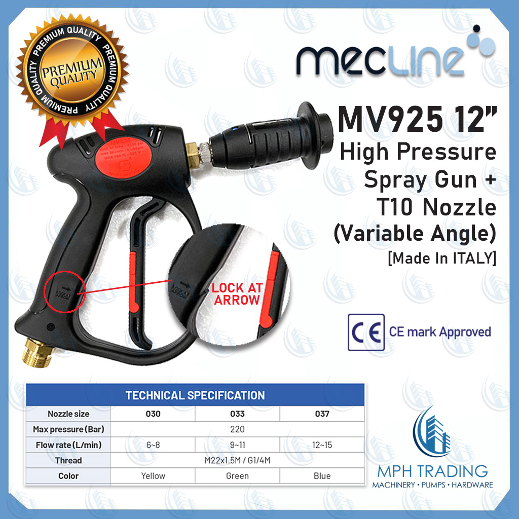 Mecline by Tecomec Italy MV925 12" High Pressure Spray Gun 220 Bar with T10 Nozzle (Variable ...