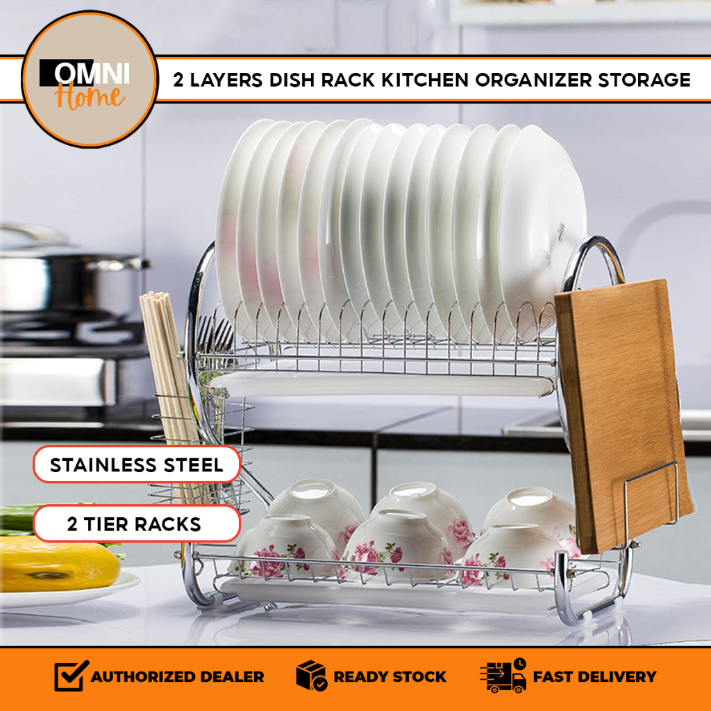 2-Tier Rak Kering Cawan Pinggan Dish Rack Steel Set with Detach Water ...