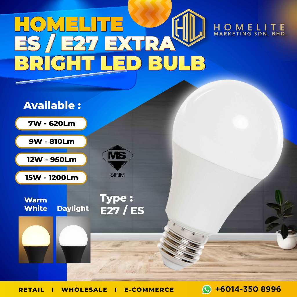 HOMELITE 7W 9W 12W 15W E27 EXTRA BRIGHT LED BULB - DAYLIGHT / WARMWHITE | Shopee Malaysia