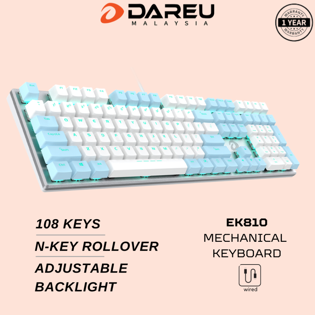 Dareu 108 Keys PC Wired Icy Blue Backlight Mechanical Keyboard EK810 ...