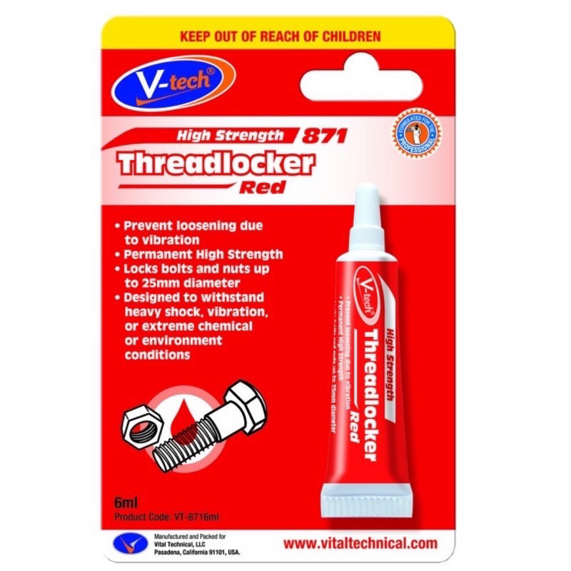 V-Tech Threadlocker (Medium/High Strength) VT-871 6ml / Gum Bolt & Nut ...