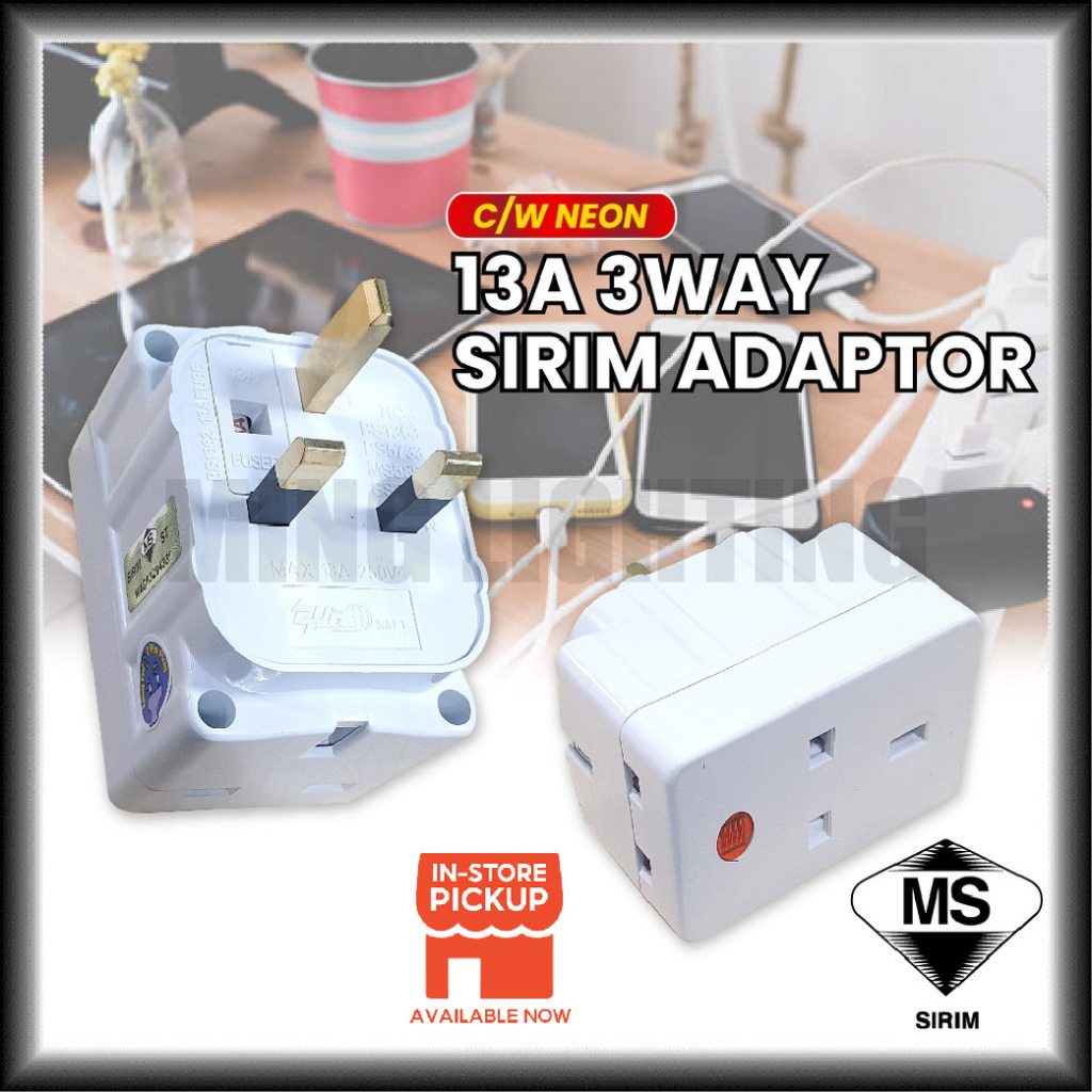 Sirim 13a 3 Way Multiple Adapter Neon Light Indicator 3 Gang Pin Socket Plug Soket Suis