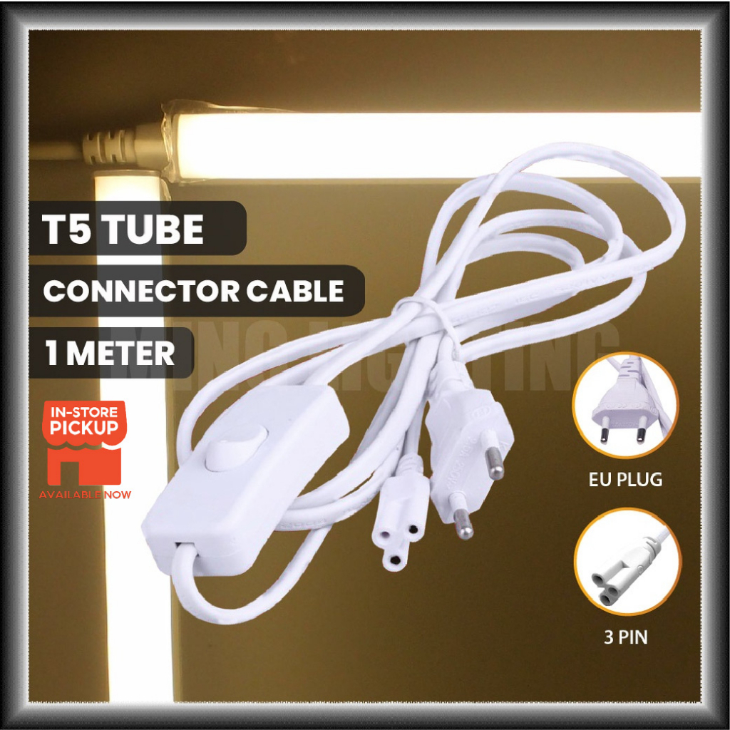 2 Pin LED T5 Connector Cable EU Plug Tube Light 3-Pin Cord Wire Wayar ...