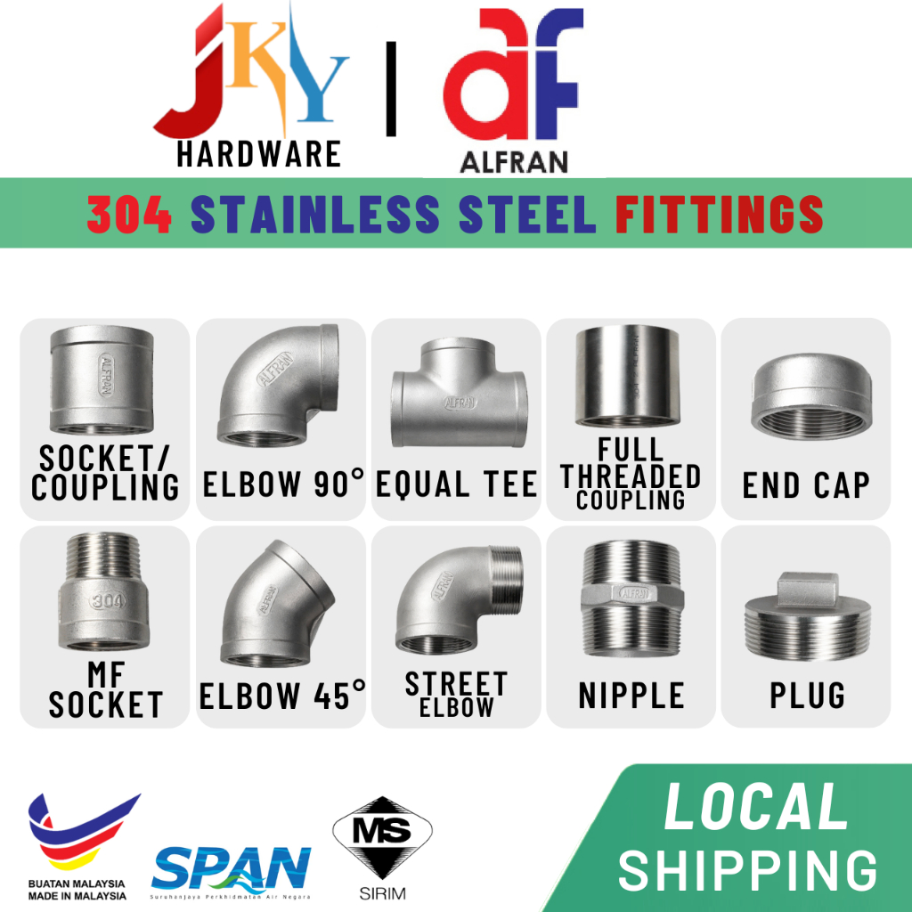 ALFRAN SUS304 Stainless Steel Fitting 1/2" 3/4" 1" inch Street Elbow MF Socket Nipple Tee End ...