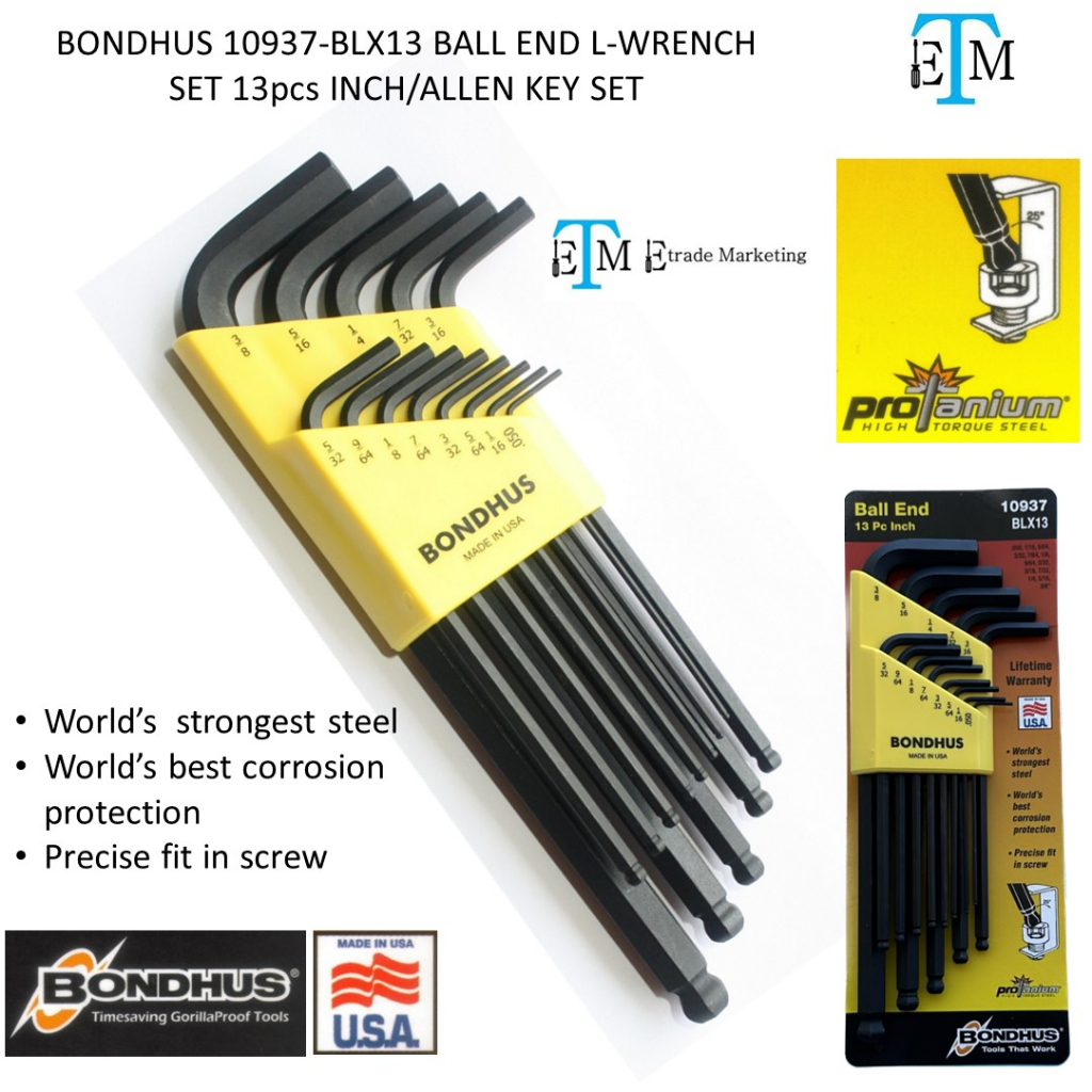 BONDHUS 10937-BLX13 BALL END L-WRENCH SET 13pcs INCH/ALLEN KEY SET ...
