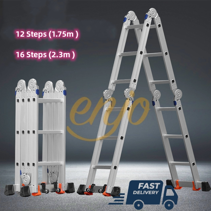 Aluminium Foldable Multipurpose LADDER Heavy Duty TANGGA Lipat Besi 12/16 Tingkat Aluminum ...